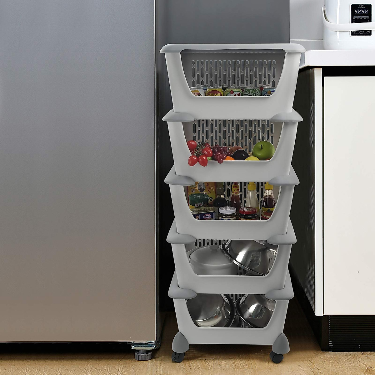 Jandson Grey Plastic Stacking Baskets, Large Stackable Storage Bins, 5 Packs