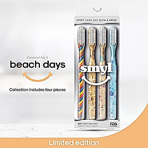 SMYL Toothbrush, Toothbrushes for Adults with Nylon Bristles, Oral Care and Plaque Removal, Day at The Beach Design, Pack of 4