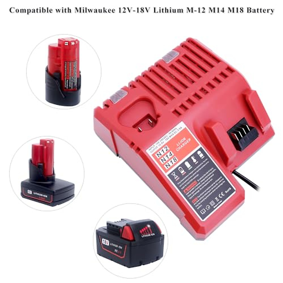 Elefly Replacement for Milwaukee M-12 M18 Battery Charger 48-59-1812, Compatible with Milwaukee 12V-18V M18 Battery 48-11-1852 48-11-1850 M-12 48-11-2460 48-11-2411