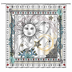 YSATNSFT Sun and Moon Shower Curtain Burning Stars Universe Starry Sky Mandala Celestial Abstract White and Black Decor Medallion Mystic Boho Chic Art Fabric Bathroom Decor Set with Hooks(70" WX70 H)