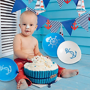 Gejoy 50 Pieces Nautical Print Latex Balloons Set Nautical Party Decorations Nautical Balloons and Silver Ribbons for Navigation Themed Birthday Baby Shower Nautical Party Favor Supplies