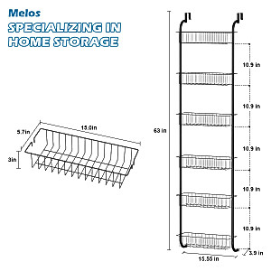 melos White Over The Door Pantry Organizer Rack, 8 Tier Heavy-Duty Metal Back Of Door Shelf Organizer, Over The Door Hanging Spice Rack With 8 Baskets for Closet, Bathroom, Kitchen