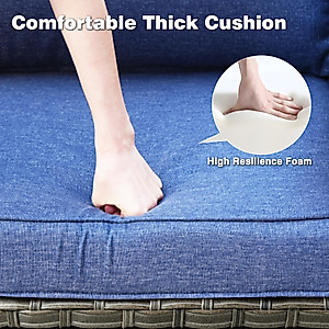 ovios 6-Pieces Patio Furniture Set with Fire Pit Table, Outdoor Wicker Rattan Sofa Couch with Ottomans, Comfy Cushions, High Back Conversation Set, Grey Wicker, Denim Blue