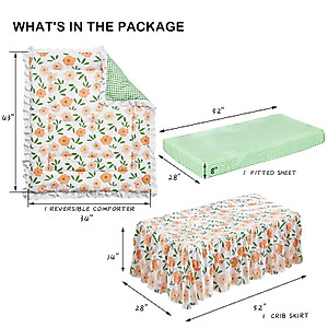 3 Pieces Crib Bedding Set Baby Ruffle Quilted Comforter with Fitted Sheet and Bed Skirt - Cute Ruffled Shabby Chic Baby Bedding Soft Blanket DesignOrange Flowers