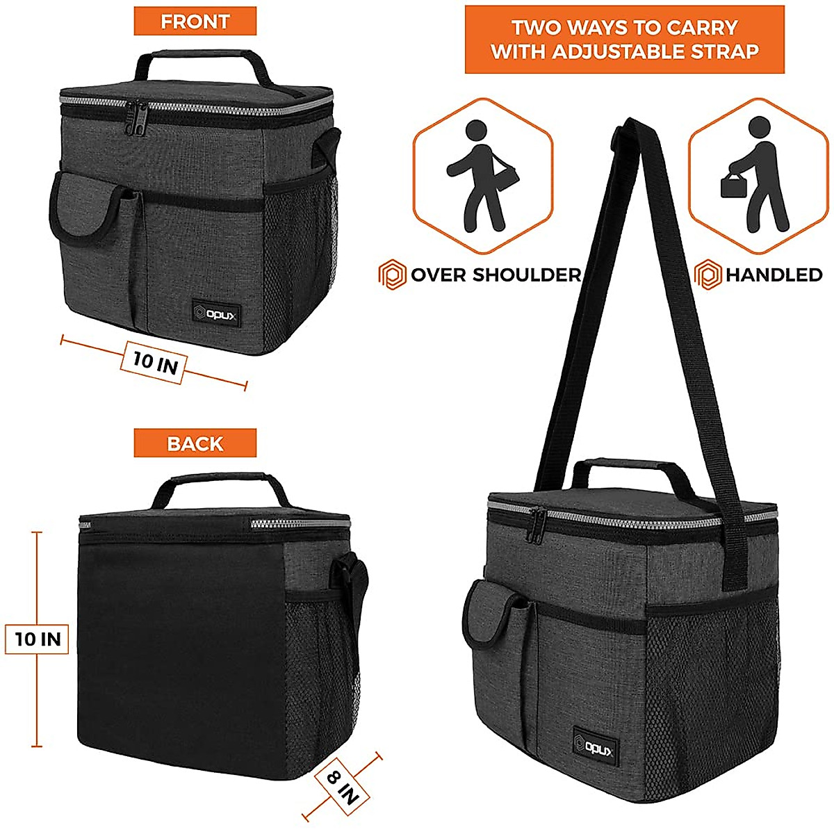 opux Large Insulated Lunch Bag for Men Women, Leakproof Thermal Lunch Box Work School, Soft Lunch Cooler Tote Bag with Shoulder Strap for Adult Kid, Boy, Girl, Reusable Lunch Pail, Dark Gray