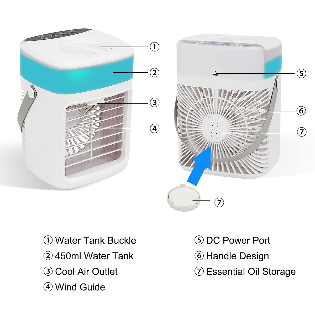 Houselyla Portable Air Conditioner Fan, Cooling Desk Fan Humidifier with 3-speed, Rechargeable Protable Fan 7 Colors and Misting Fast Cooling Desktop Fan for Home, Room, Office