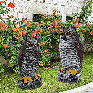 Hausse 2 Pack Fake Owl Decoy Bird Scarecrow Sculpture, Plastic Horned Owl Bird Deterrents with Yellow Claws, Garden Protectors, Large Nature Enemy Pest Repellent for Outdoor Garden Yard