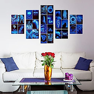 Ctosree 50 Pieces Blue Neon Aesthetic Pictures Wall Collage Kit Neon Blue Indie Room Decor Photo Collections Collage Dorm Decors for Girl Teens and Women for Room Bedroom Aesthetic, 4 x 6 Inches