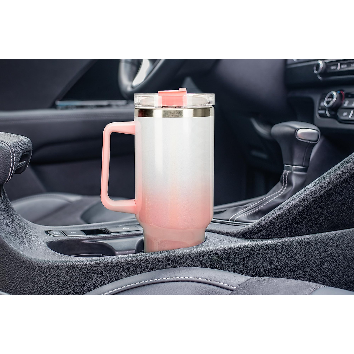 100 North Cutie Pie Cherry Slice Cartoon 40 oz. Stainless Steel, Large Water Bottle Coffee Mug, Spill & Leak Resistant, Thermal Travel Tumbler with Handle, Lid & Straw, White & Pale Pink