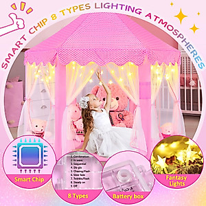 EVOIONOS Princess Tent for Girls, Kids Play Tent with LED Star Lights, Castle Playhouse for Children Indoor Outdoor Games, 55X53 inches, Pink