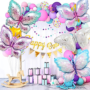AEXHOT 10 PCS Butterfly Balloons, Gradient Giant Butterfly Foil Mylar Balloon Butterfly Birthday Decorations for Butterfly Theme Birthday Party Wedding Supplies (Purple, Blue,Green)