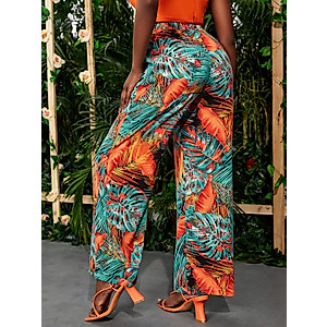 WDIRARA Women's Tropical Print High Elastic Waisted Wide Leg Loose Pants Trousers Multicolored S