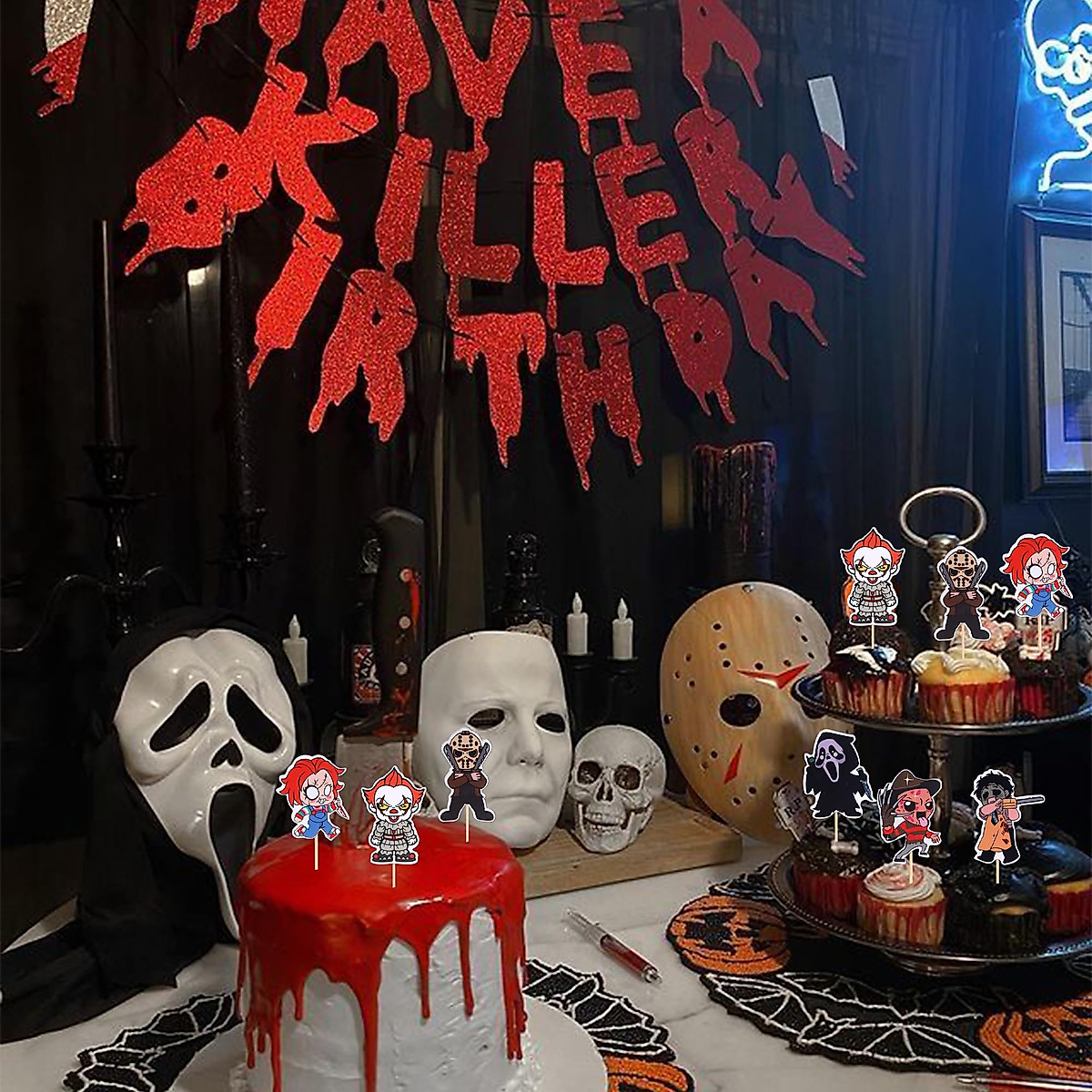 36 PCS Horror Classic Movie Cupcake Toppers Horror Movie Characters Cupcake Food Picks Decorations for Halloween Horror Movie Theme Baby Shower Killer Birthday Cake Decorations Supplies