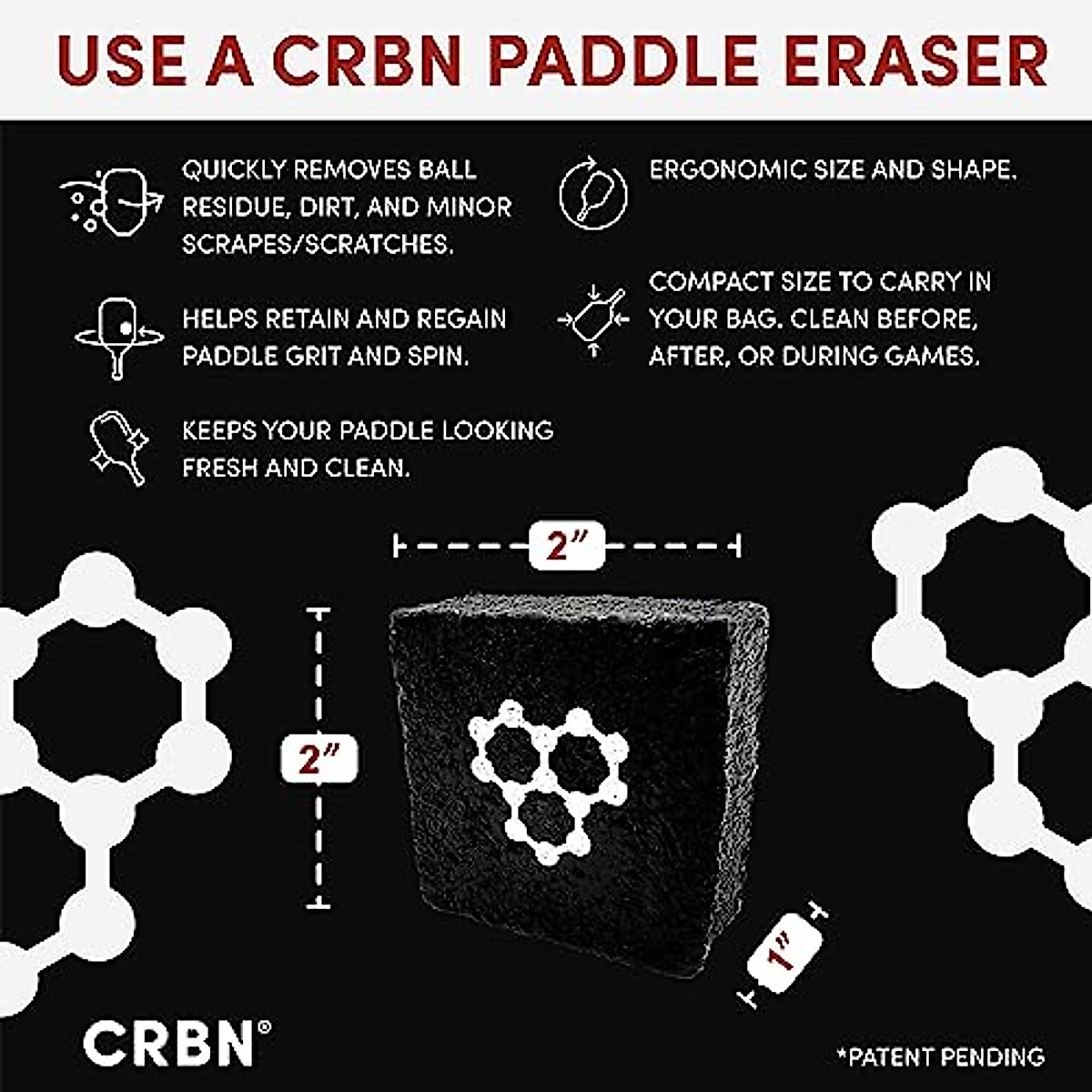 CRBN Pickleball Paddle Eraser, Best Carbon Fiber Pickle Ball Racket Cleaner, Fast & Easy Rubber Bar to Remove Ball Residue, Dirt, & Minor Scrapes/Scratches - Patent Pending