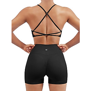 SUUKSESS Women Seamless 2 piece Workout Sets Strappy Padded Sports Bra Booty High Waisted Shorts Outfits (Black,M)