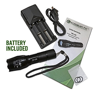 EcoGear FX Complete LED Tactical Flashlight Kit TK120 Flashlight with Rechargeable Battery: High Lumens with 5 Light Modes, Water Resistant, Adjustable Focus Zoom