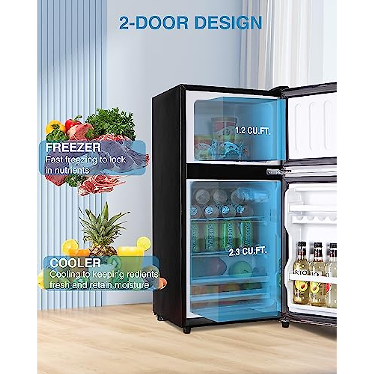 Kazigak Compact Refrigerator Double Door Mini Fridge with Freezer, 3.5 CU FT Mini Refrigerator with 7 Level Adjustable Thermostat for Office, Dorm, Apartment, Black