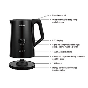 Salton JK1956 Cool Touch Digital Temperature Control, 1.5 L Electric Kettle, Black