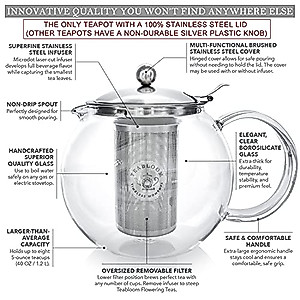 Teabloom Stovetop Safe Glass Teapot with Removable Infuser (40oz/1200ml) and Four Double Walled Glass Cups (5oz/150ml) - Classica Tea Set