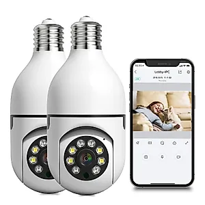 Yihoume Upgraded,Wireless Light Bulb Security Camera, 360°Panoramic 2K Surveillance Cam 2.4GHz Camera with Motion Detection Alarm Night Vision Two-Way-Talk Phone Remote View Indoor (2 Pack)
