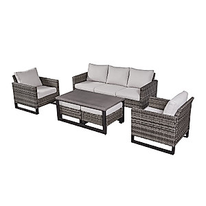 HUMMUH 6 Piece Patio Furniture All Weather Wicker Outdoor Sectional Sofa,High Back Patio Chairs,Coffee Table and Ottomans Set for Porch,Garden,Backyard