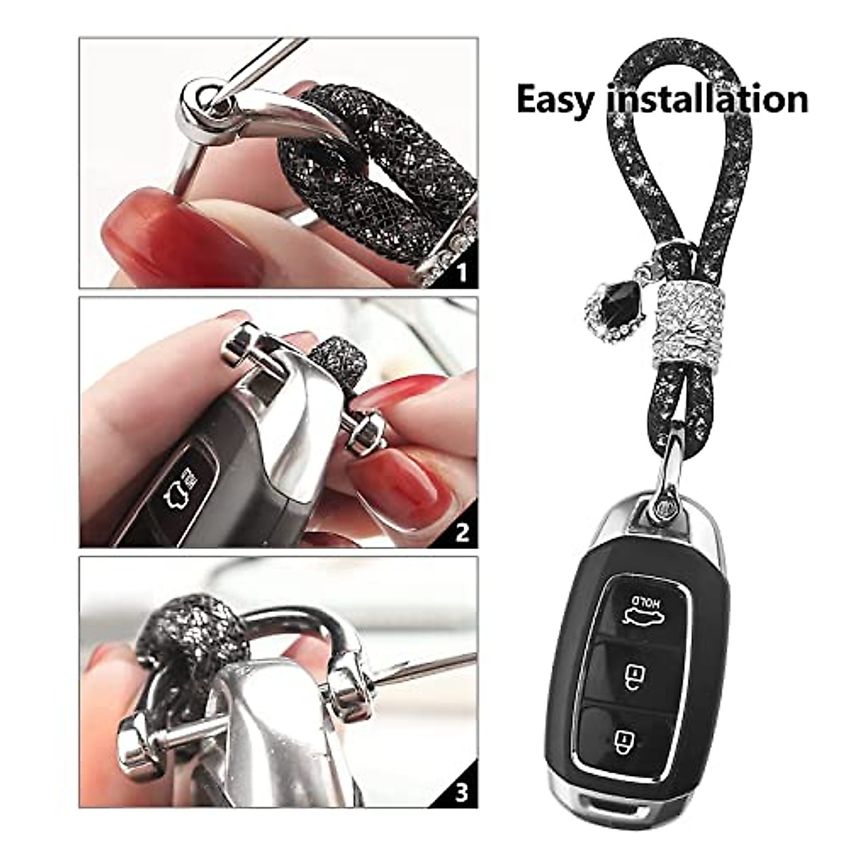 Jawmoy Pack-1 Bling Car Keychain, Rhinestones Keychain Accessories, Metal Crystal Key Chain Ring (Black)