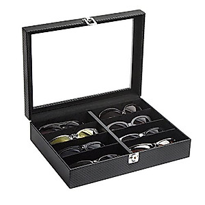 JackCubeDesign 8 Compartments Leather Eyeglass Display Organizer, Sunglass Storage Case Box Tray with Acrylic Cover (Carbon Design Black) - MK379A
