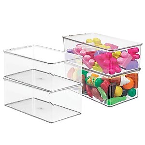 mDesign Plastic Stackable Toy Storage Bin Container Box with Hinge Lid for Organizing Living Room, Play Room, Bedroom, Nursery, Hold Blocks, Puzzles, Books, Lumiere Collection, 4 Pack - Clear
