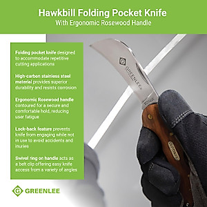 Greenlee 0652-28 Hawkbill Folding Pocket Knife with Wood Handle, Silver/Brown