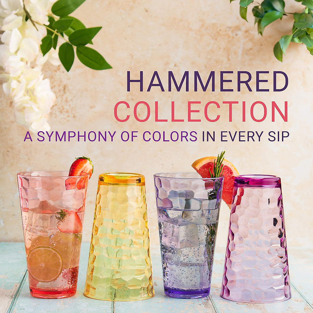 Bravario Hammered Plastic Drinking Tumbler, Dishwasher-Safe Premium Quality Water Glasses, BPA-Free Reusable Mixed Colors Assorted Stackable Cups, 22 oz Set of 6