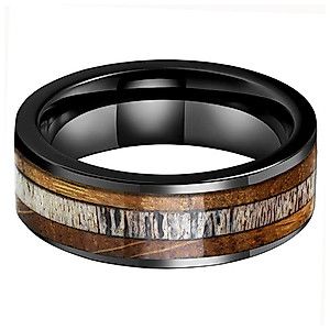 LUXUBANDS 8mm Black Tungsten Rings for Men Women Engagement Wedding Bands Whisky Barrel Wood Deer Antler Inlay Flat Polished Shiny Comfort Fit Size 11