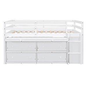 Full Size Low Loft Bed with Rolling Portable Desk, Full Bed Frame For Kids With Storage Cabinet, Drawers and Shelves, Multiple Functions Wood Loft Bed Frame for Girls Boys, Space Saving, White