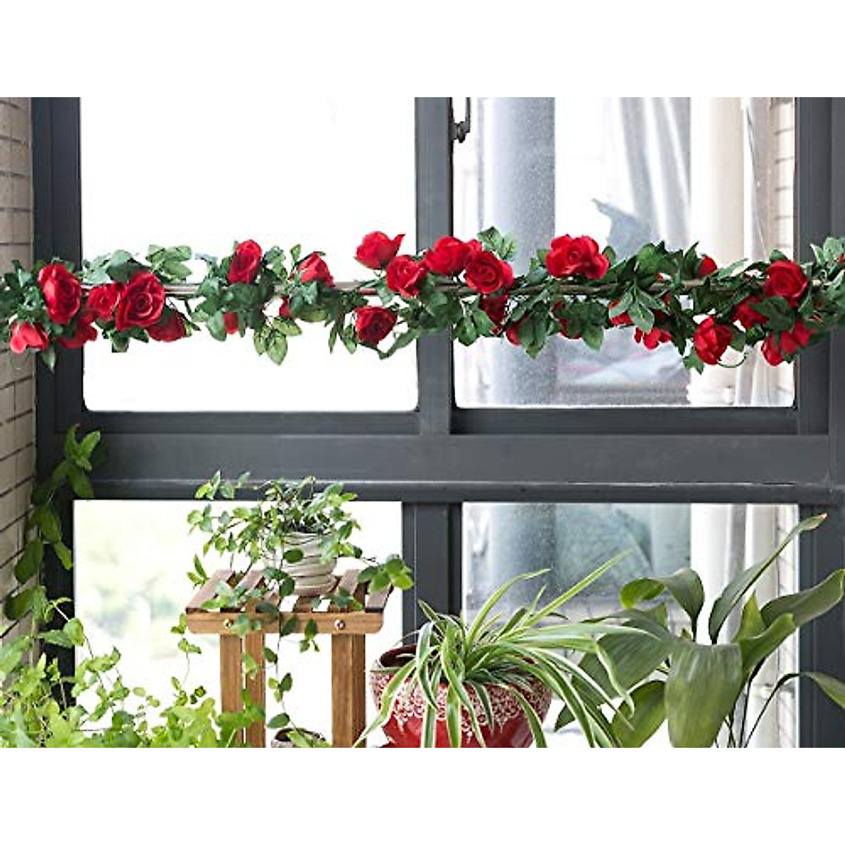 SWSTINLING 2 Pack (16FT) Artificial Rose Vine Flowers Plants Fake Flower Vine for Wedding Home Party Garden Craft Art Decor Red