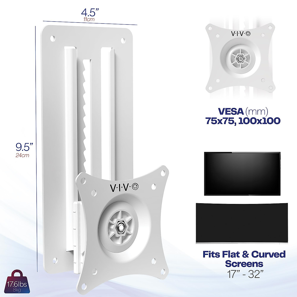 VIVO Height Adjustable 17 to 32 inch Single Monitor Articulating Wall Mount for Standing Workstations, Fits 1 Screen with Max VESA 100x100mm, White, MOUNT-VW01AW