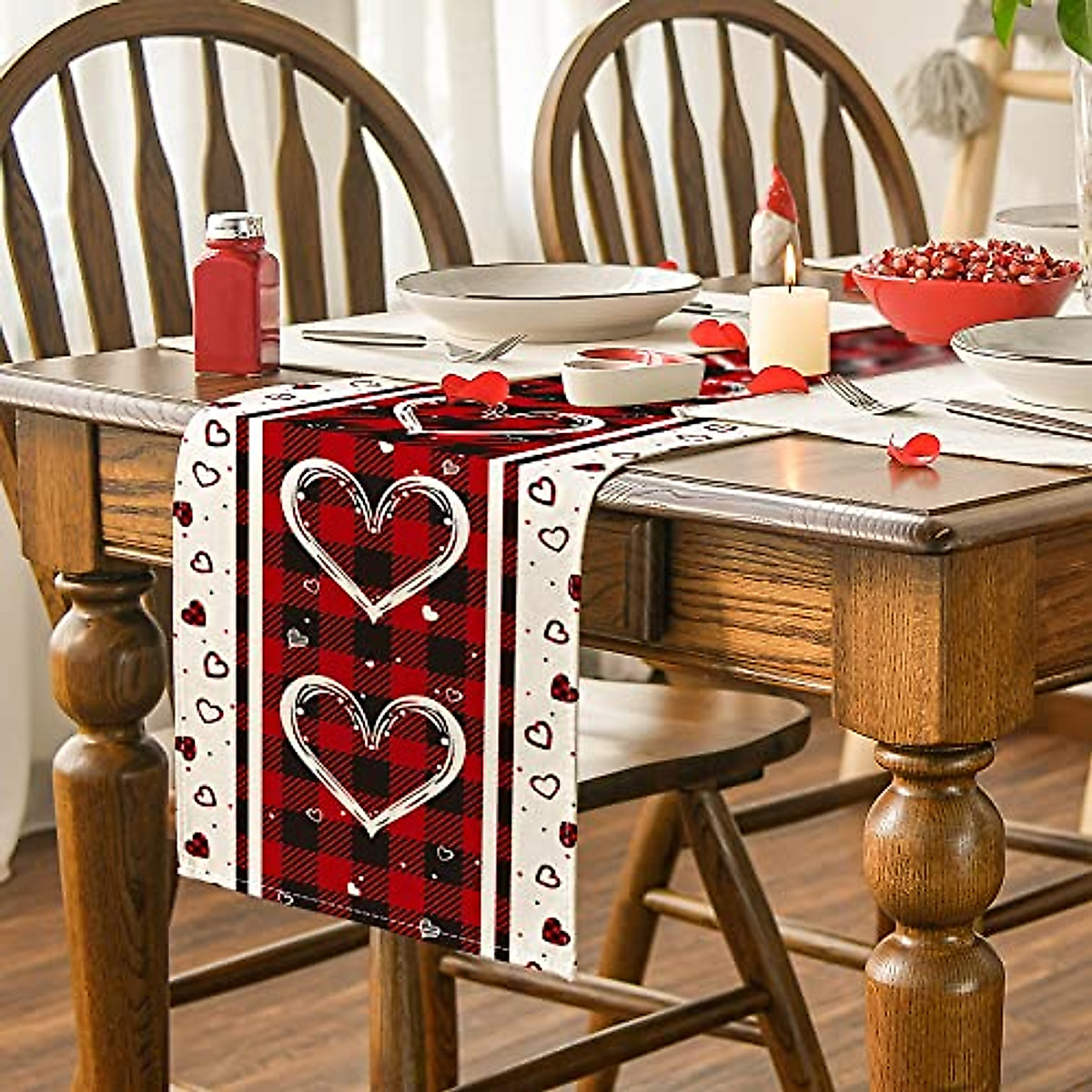 Artoid Mode Buffalo Plaid Love Hearts Mother's Day Table Runner, Seasonal Kitchen Dining Table Decoration for Indoor Home Party 13x72 Inch