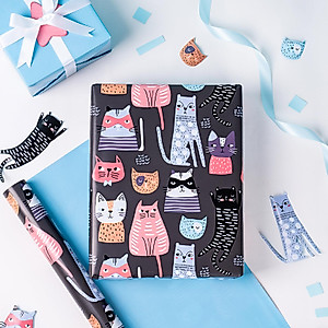 WRAPAHOLIC Reversible Wrapping Paper - Mini Roll - 17 Inch x 33 Feet - Adorable Cat and Solid Blue Design for Birthday, Holiday, Party, Baby Shower