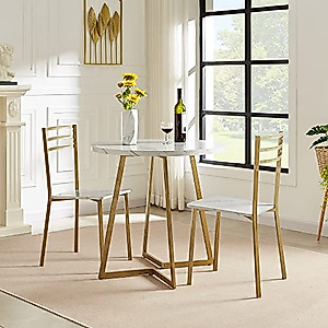 VECELO Small Round Dining Table Set for 2, Wood Marbled Tabletop with Steel Frame, Modern Dinette with Chairs for Kitchen Breakfast Nook Living Room, White and Gold