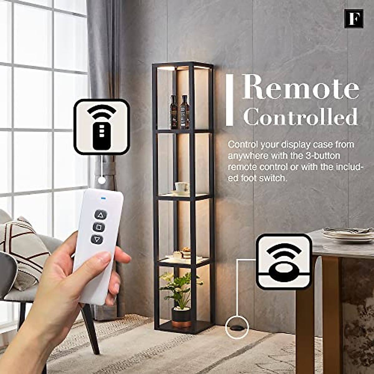 FENLO 66" Luxury Glass Display Shelf with Dimmable LED Floor Lamps, Sturdy Glass Shelves for Bedroom, Curio Cabinet with Glass Bookshelf Display Case, Floor Lamp with Shelves - Fantasy Black