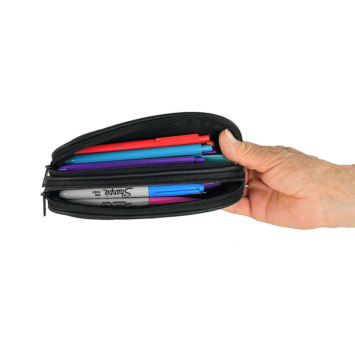 HOME-X Double Eyeglass Holder, Black Leather Pouch with 2 Compartments, Travel Bag, Toiletry Pack, Pencil Case