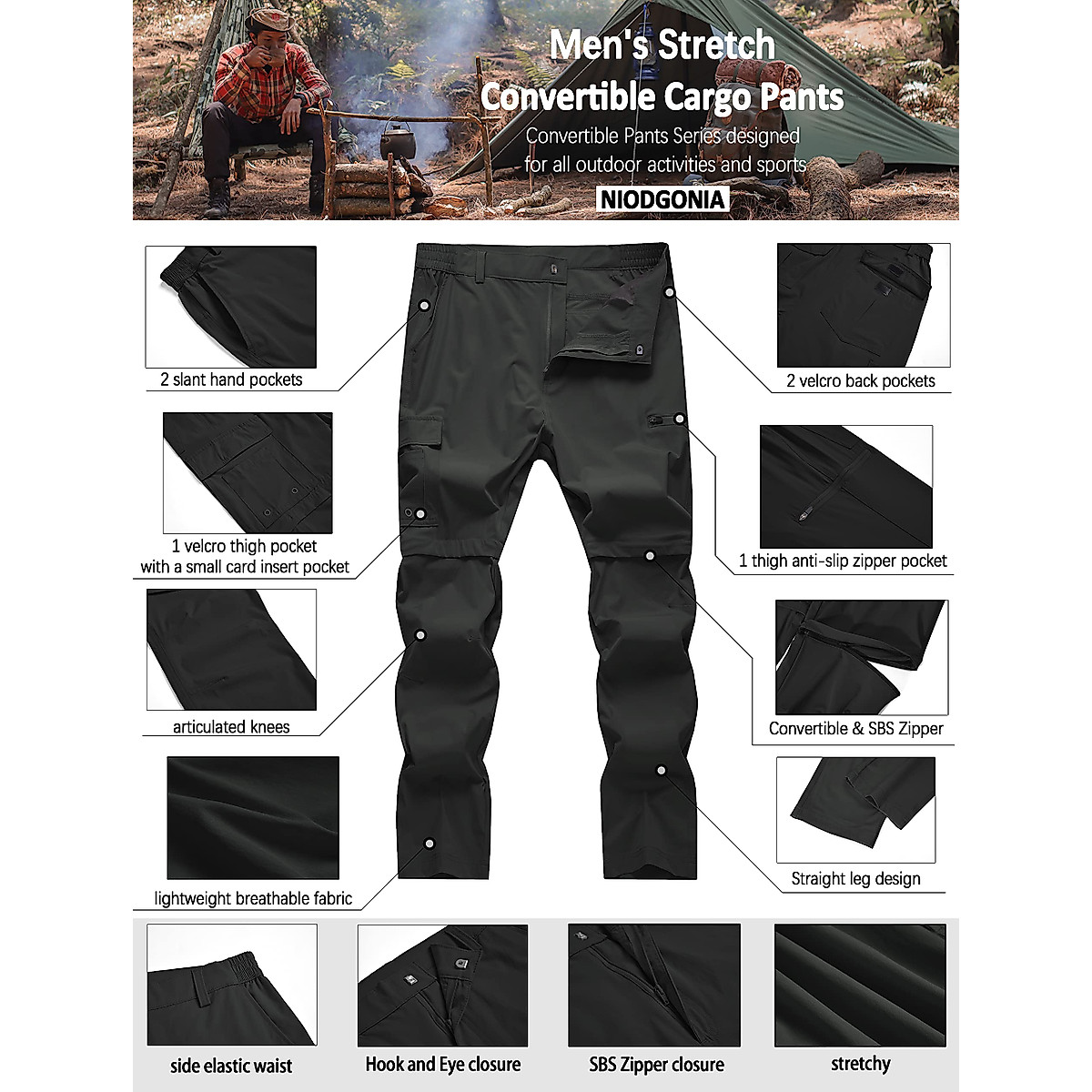 Mens Hiking Convertible Pants Waterproof Lightweight Quick Dry Zip Off Fishing Travel Safari Outdoor Cargo Work Trekking trousers Black 36