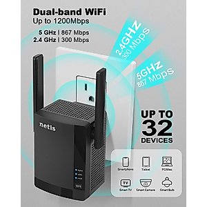 Netis E3 AC1200 Wireless Dual Band Range WiFi Extender with WPS One Button Setup, 2 High Gain Antennas and Wired Expansion Port