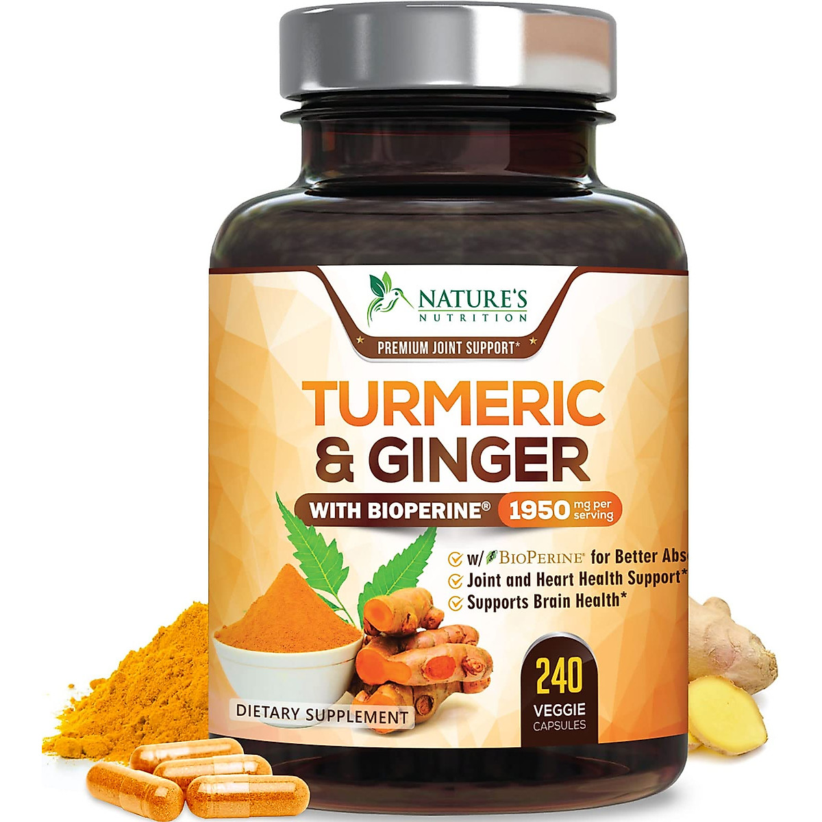 Turmeric Curcumin with BioPerine & Ginger 95% Curcuminoids 1950mg - Black Pepper Extract for Max Absorption, Nature's Joint Support Supplement, Herbal Turmeric Pills, Vegan Non-GMO - 240 Capsules