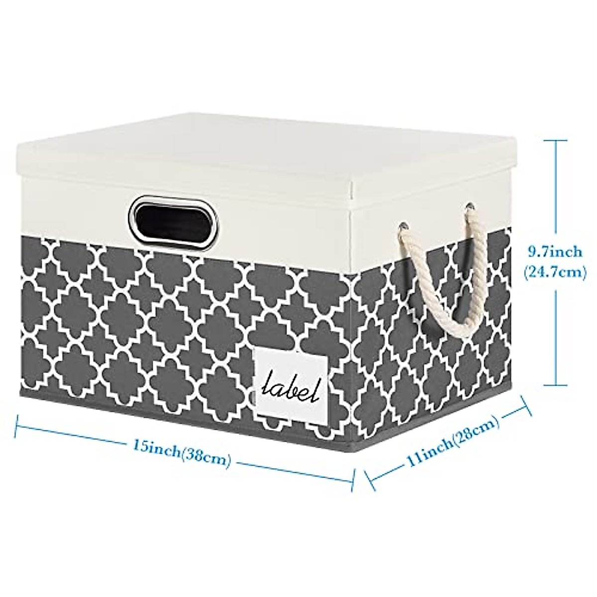 RVSNQ Large Storage Bins with Lids, Foldable Fabric Storage Baskets with Lids, Closet Storage Bins with Cotton Rope Handle and Label, Storage Boxes for Organizing Office, Shelf, Bedroom (3-Pack, Grey Quatrefoil)
