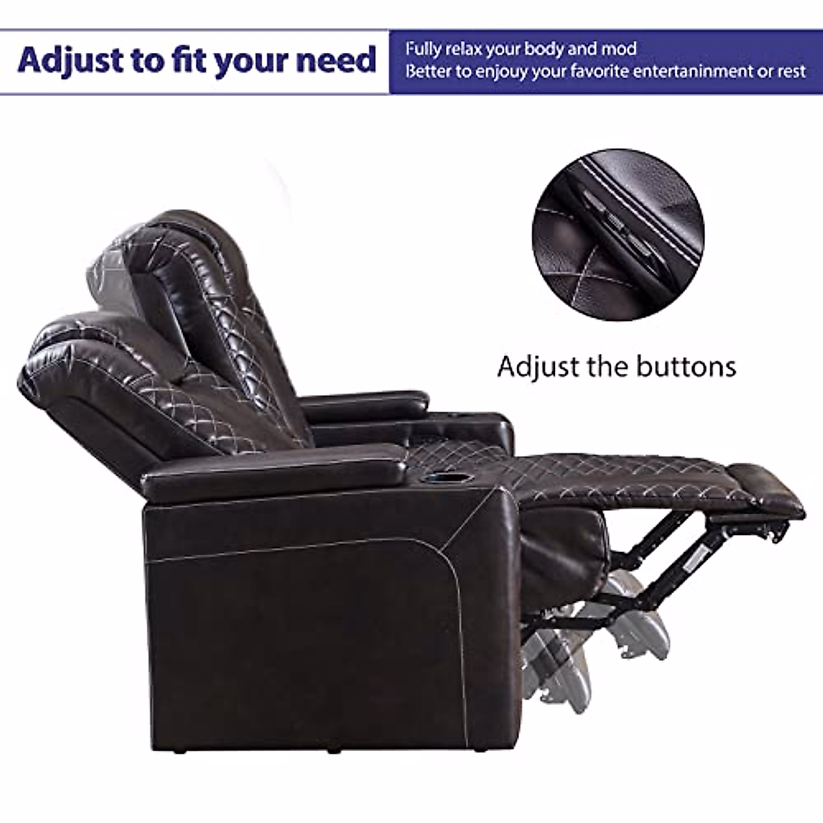 CANMOV Home Theater Seating, Electric Power Recliner with USB Ports and Cup Holders, Breathable Faux Leather Loveseat with Hidden Arm Storage, Ambient Lighting (Row of 2 Loveseat, Brown)