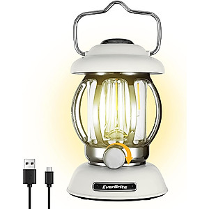EverBrite Camping Lantern Rechargeable, Retro Metal Camping Light, 4400mAh Battery Powered Hanging Vintage Camping Lamp, 3 Light Modes, Outdoor Tent Light, Emergency Lantern for Power Outage - White