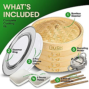 ÜM Homes 10 Inch Bamboo Steamer Basket, 2 Tier Basket Cooking Dumplings, Vegetable, Steamer Dim Sum, 2 Pairs of Chopsticks, 2 Sauce Trays, 2 Reusable Silicone Liners, 1 Steaming Ring, 1 Dumpling Maker