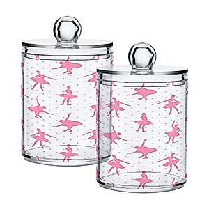 KEEPREAL Pink Ballerina Qtip Holder Dispenser with Lids, 4PCS Plastic Food Storage Canisters, Apothecary Jar Containers for Vanity Organizer Storage