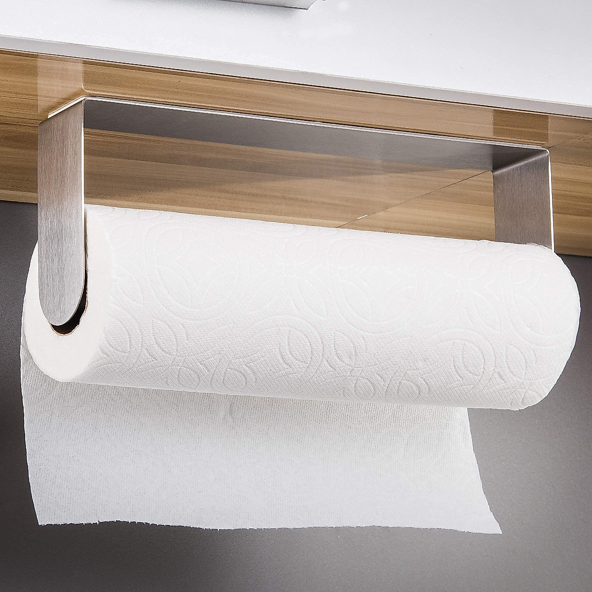 YIGII Towel Hooks + Paper Towel Holder Under Cabinet - Self Adhesive for Kitchen,SUS-304 Stainless Steel Brushed