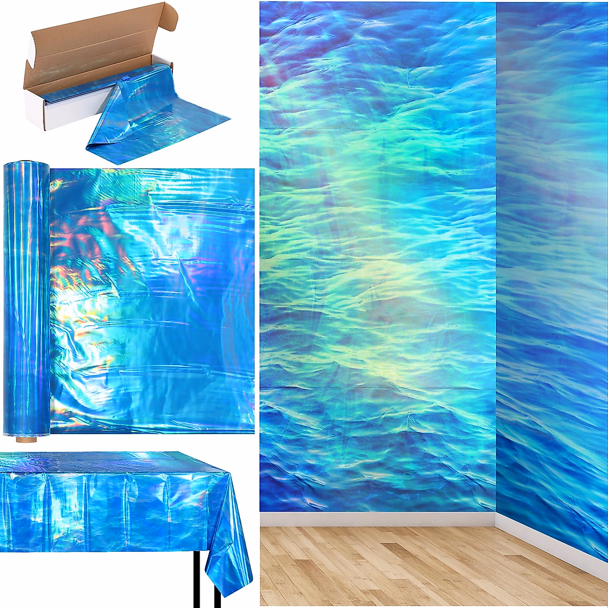 1 Roll 1200 Inch X 54 Inch Iridescent Under The Sea Tablecloth Ocean Wave Tablecloth Plastic Disposable Iridescent Table Covers Backdrop for Ocean Under The Sea Mermaid Pool Beach Party Decorations