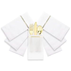 Nervure 100PCS Gold Paper Napkins with Built-in Flatware Pocket - White and Gold Prefolded Cloth Like Disposable Napkins - Heavy-duty Linen-Feel Dinner Napkins for Party & Wedding & Dinner